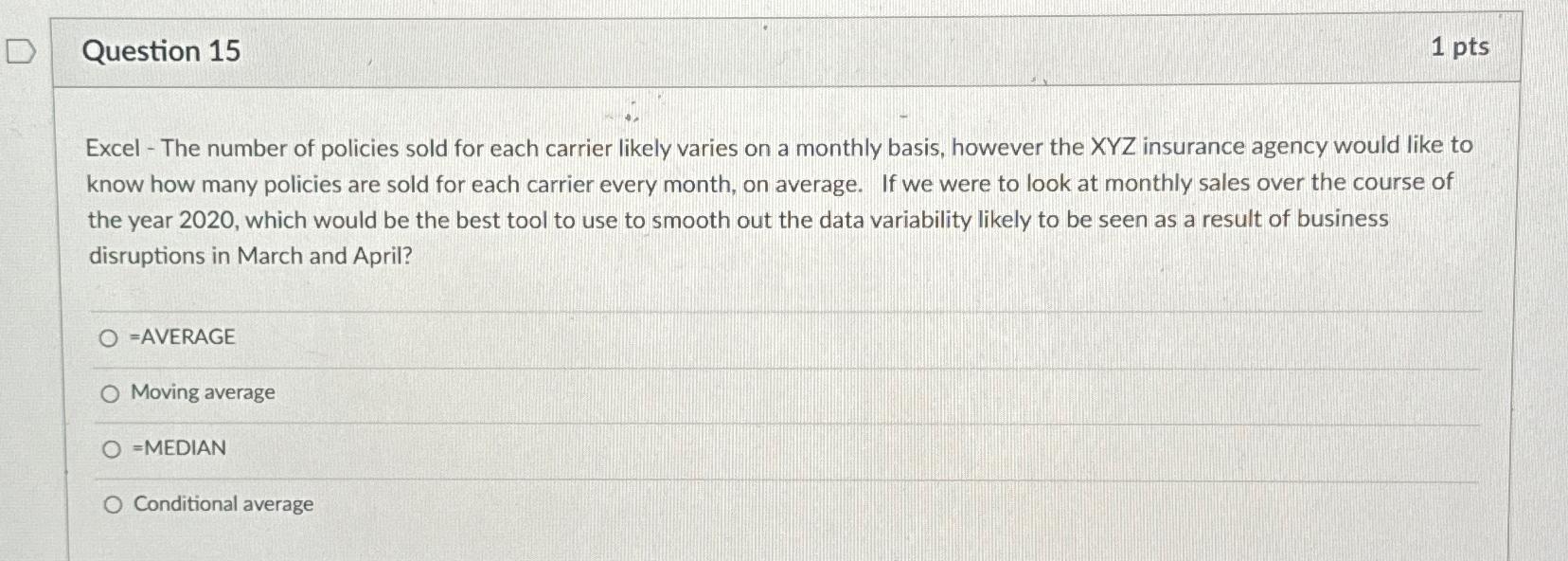 Solved Question 151 ﻿ptsExcel - ﻿The number of policies sold | Chegg.com
