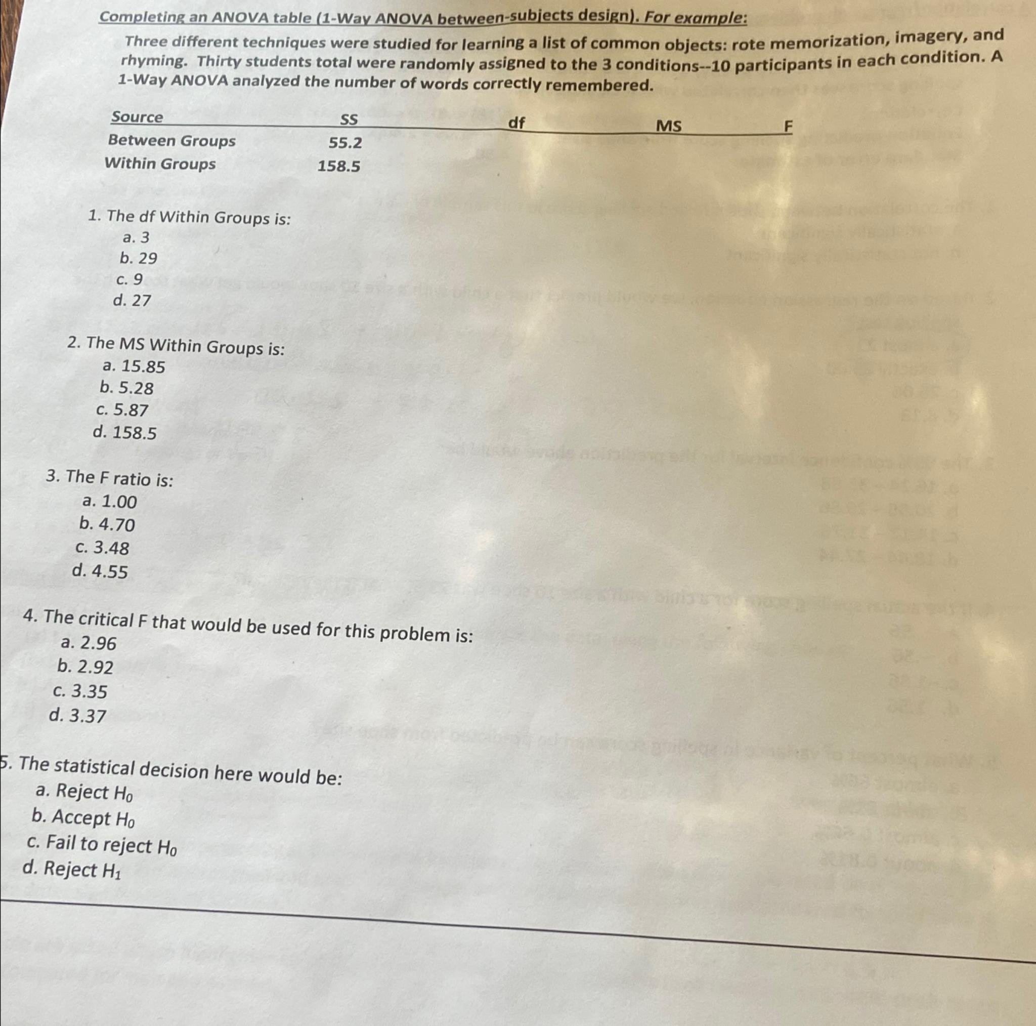 Solved Completing an ANOVA table (1-Wav ANOVA | Chegg.com