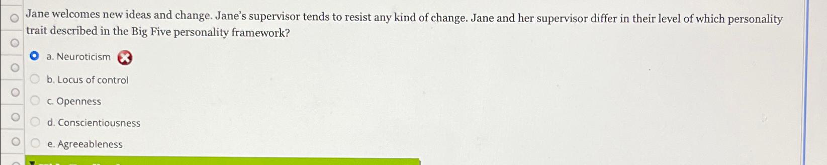 Solved Jane welcomes new ideas and change. Jane's supervisor | Chegg.com