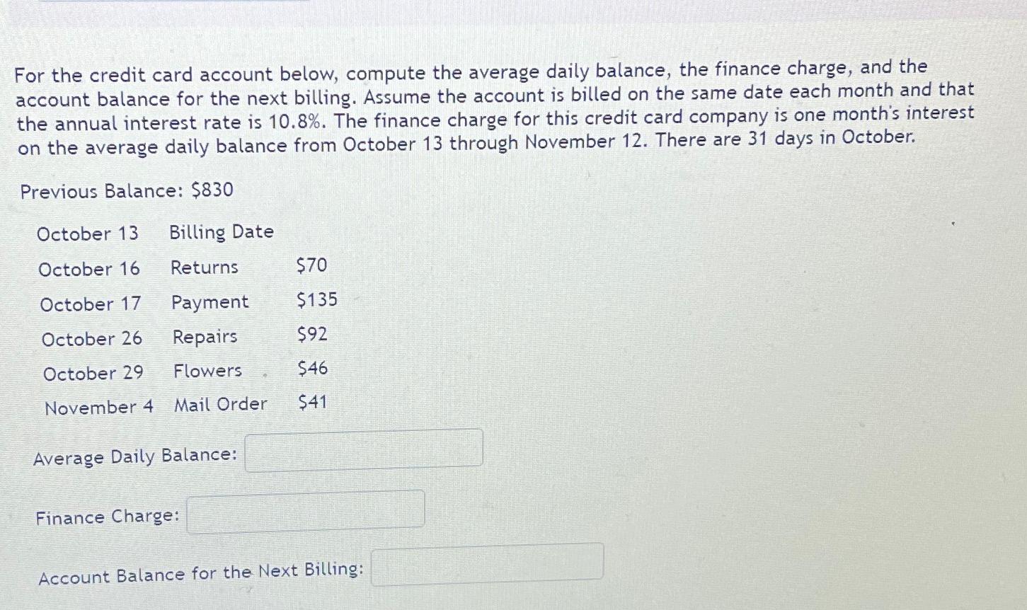 Solved For the credit card account below, compute the | Chegg.com