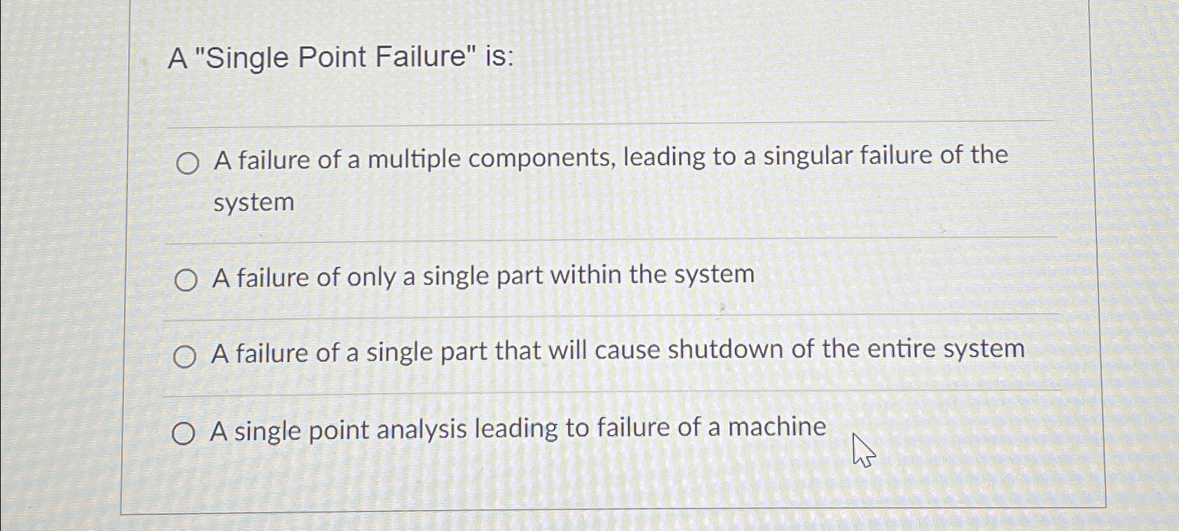 Solved A "Single Point Failure" is:A failure of a multiple | Chegg.com