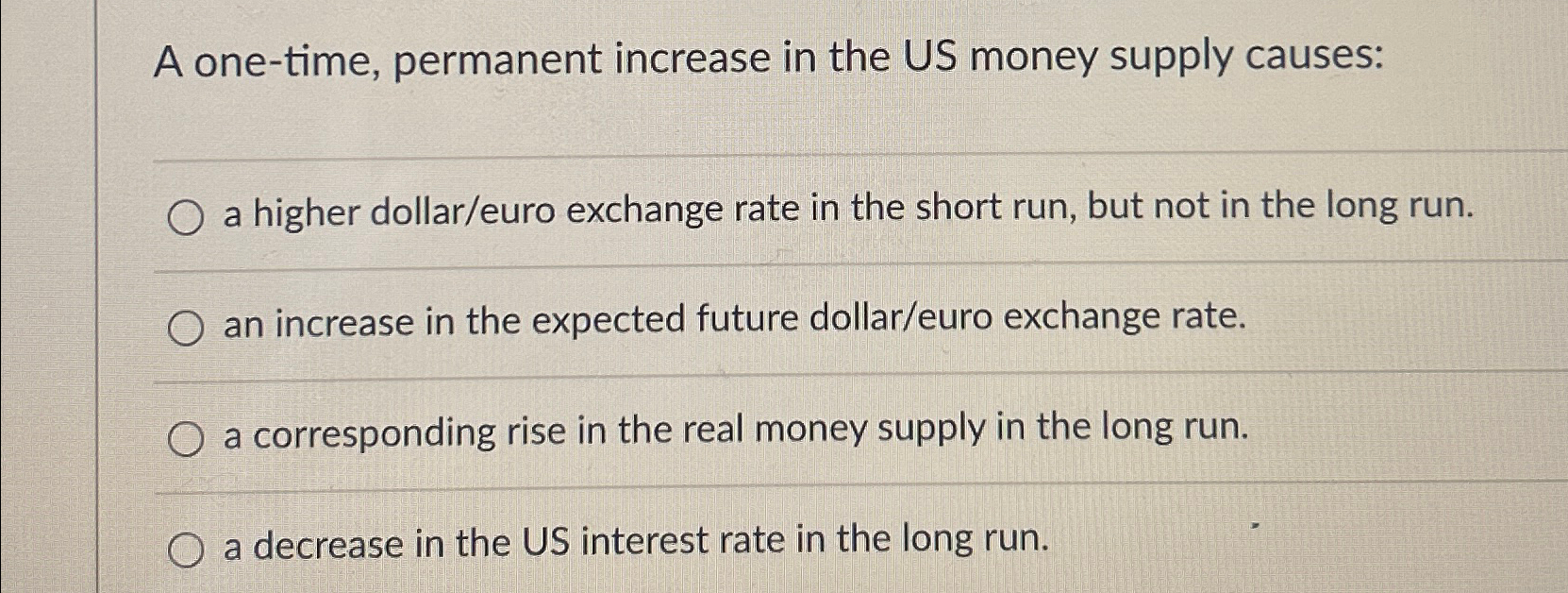 Solved A one-time, permanent increase in the US money supply | Chegg.com