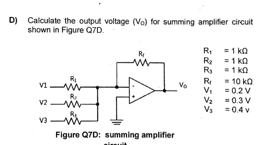 Solved D) Calculate the output voltage (Vo) for summing | Chegg.com