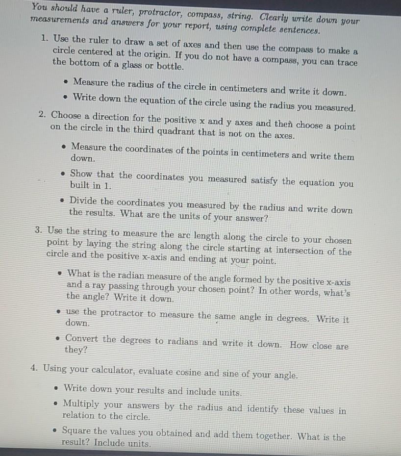 Solved You should have a ruler, protractor, compass, string. | Chegg.com