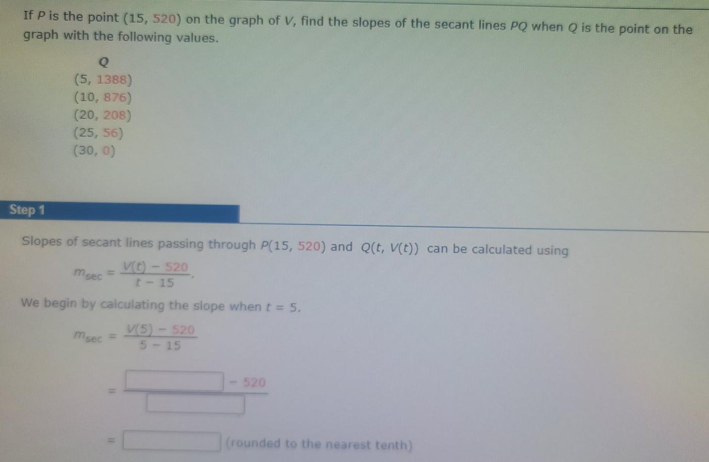 Solved If P is the point (15, 520) on the graph of V, find | Chegg.com