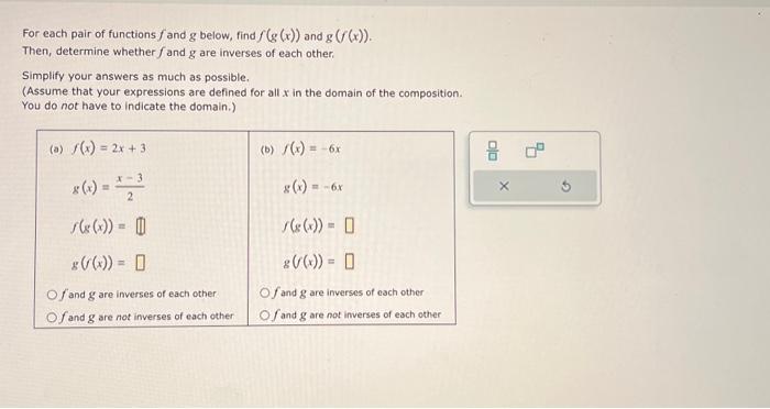 Solved For each pair of functions f and g below, find | Chegg.com