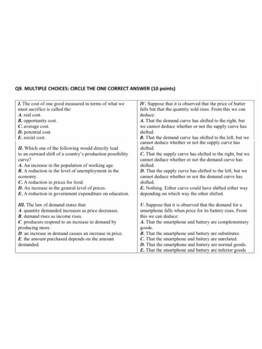 Solved Q9. MULTIPLE CHOICES: CIRCLE THE ONE CORRECT ANSWER | Chegg.com