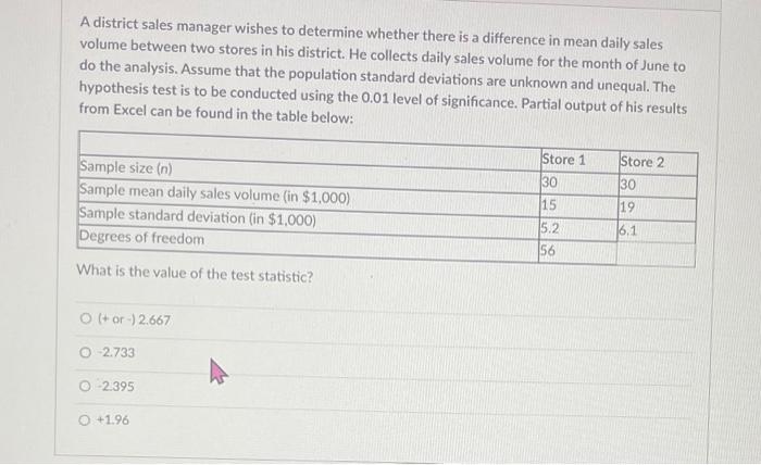 Solved A district sales manager wishes to determine whether | Chegg.com