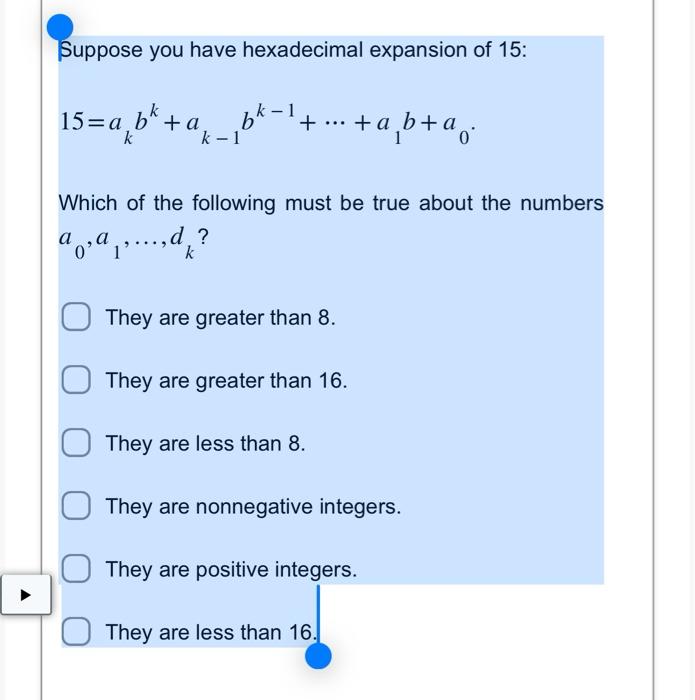 Solved Suppose you have hexadecimal expansion of 15 : | Chegg.com
