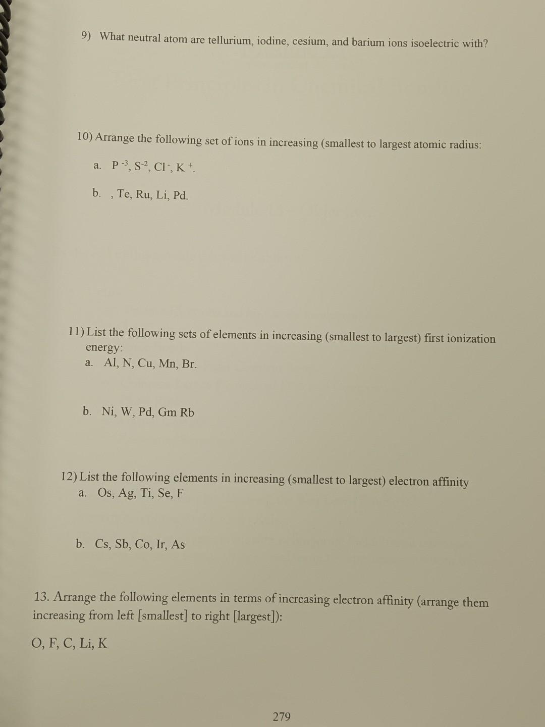 Solved 1) List the following elements in increasing | Chegg.com