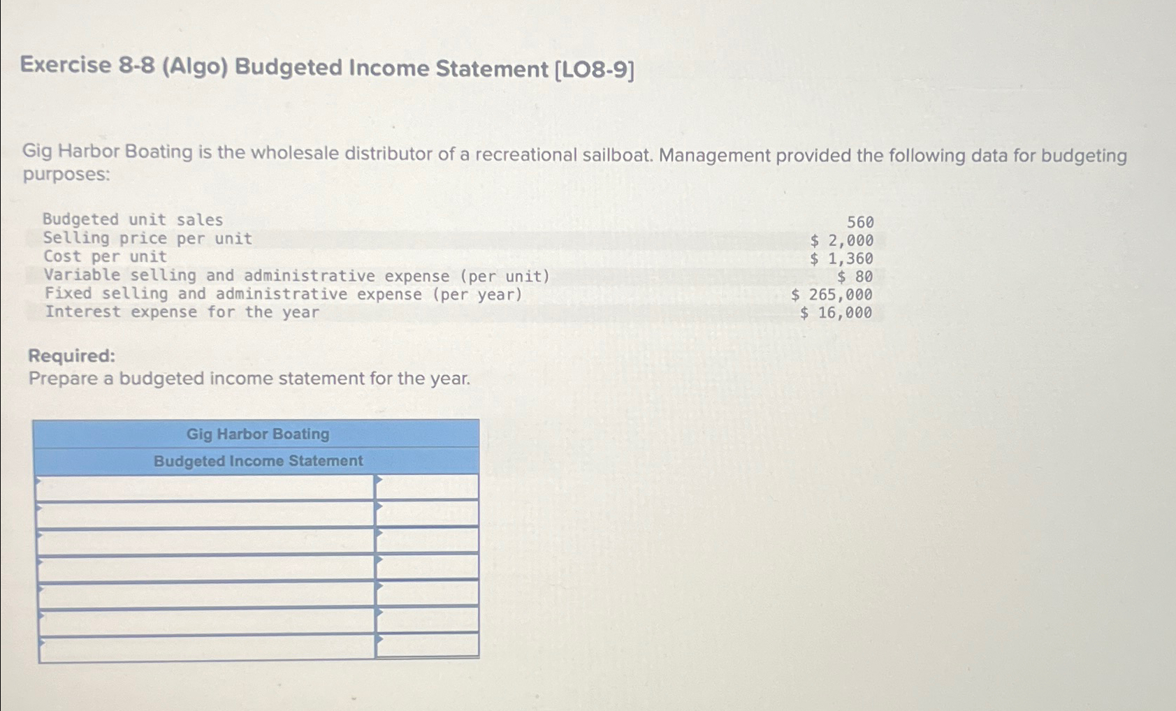 Solved Exercise 8-8 (Algo) Budgeted Income Statement | Chegg.com Solved Exercise 8-8 (Algo) Budgeted Income Statement | Chegg.com
