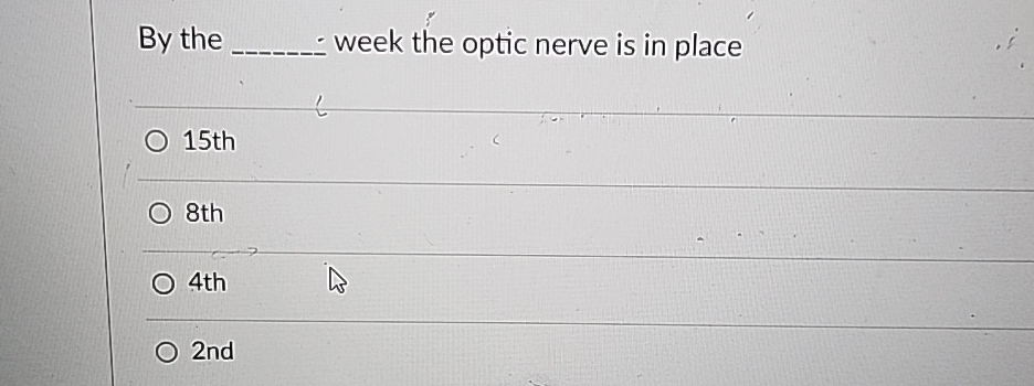 Solved By the week the optic nerve is in place15th8th4th2nd | Chegg.com