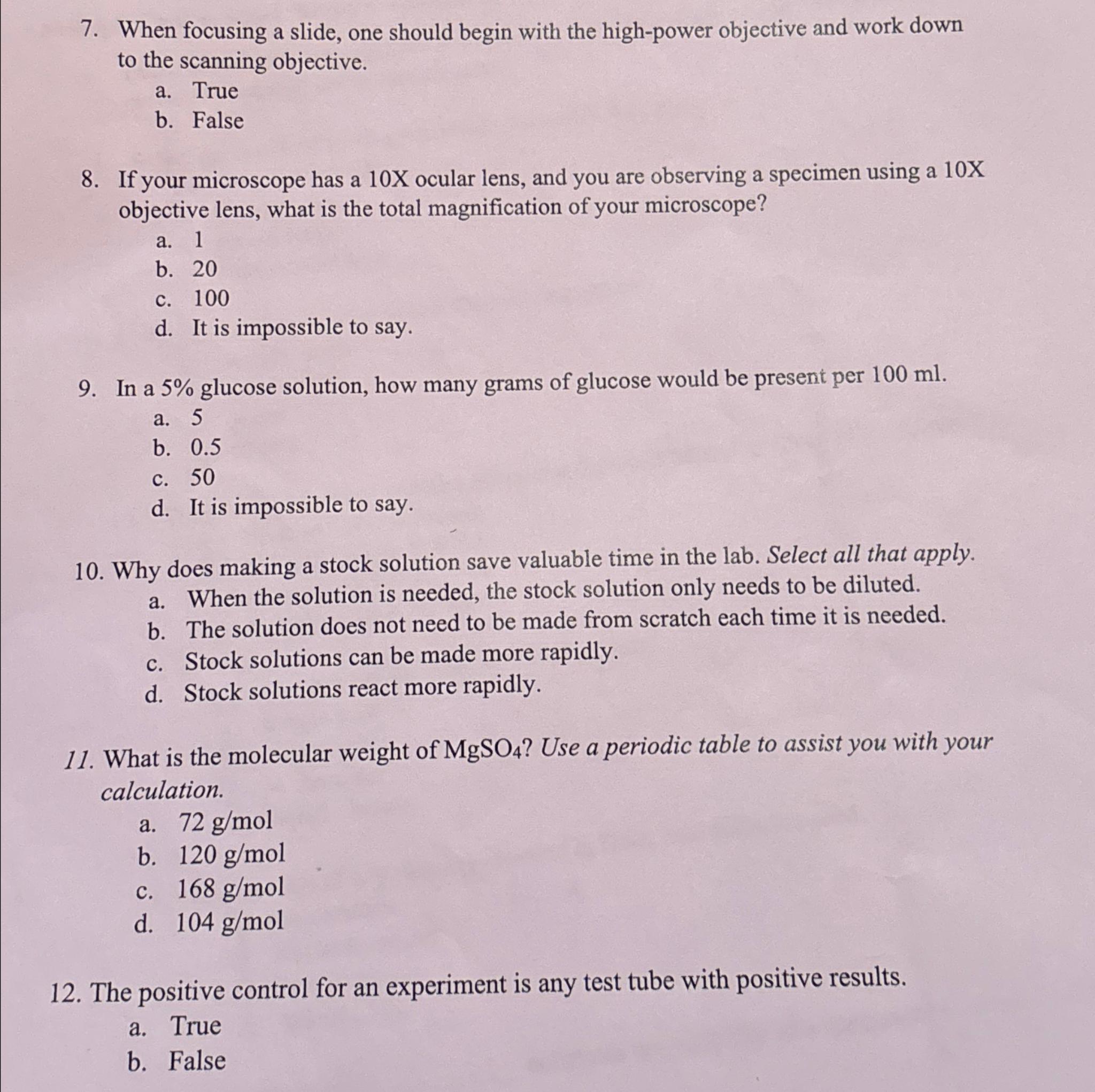 Solved When focusing a slide, one should begin with the | Chegg.com