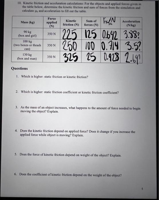 Solved 10. Kinetic friction and acceleration calculations: | Chegg.com