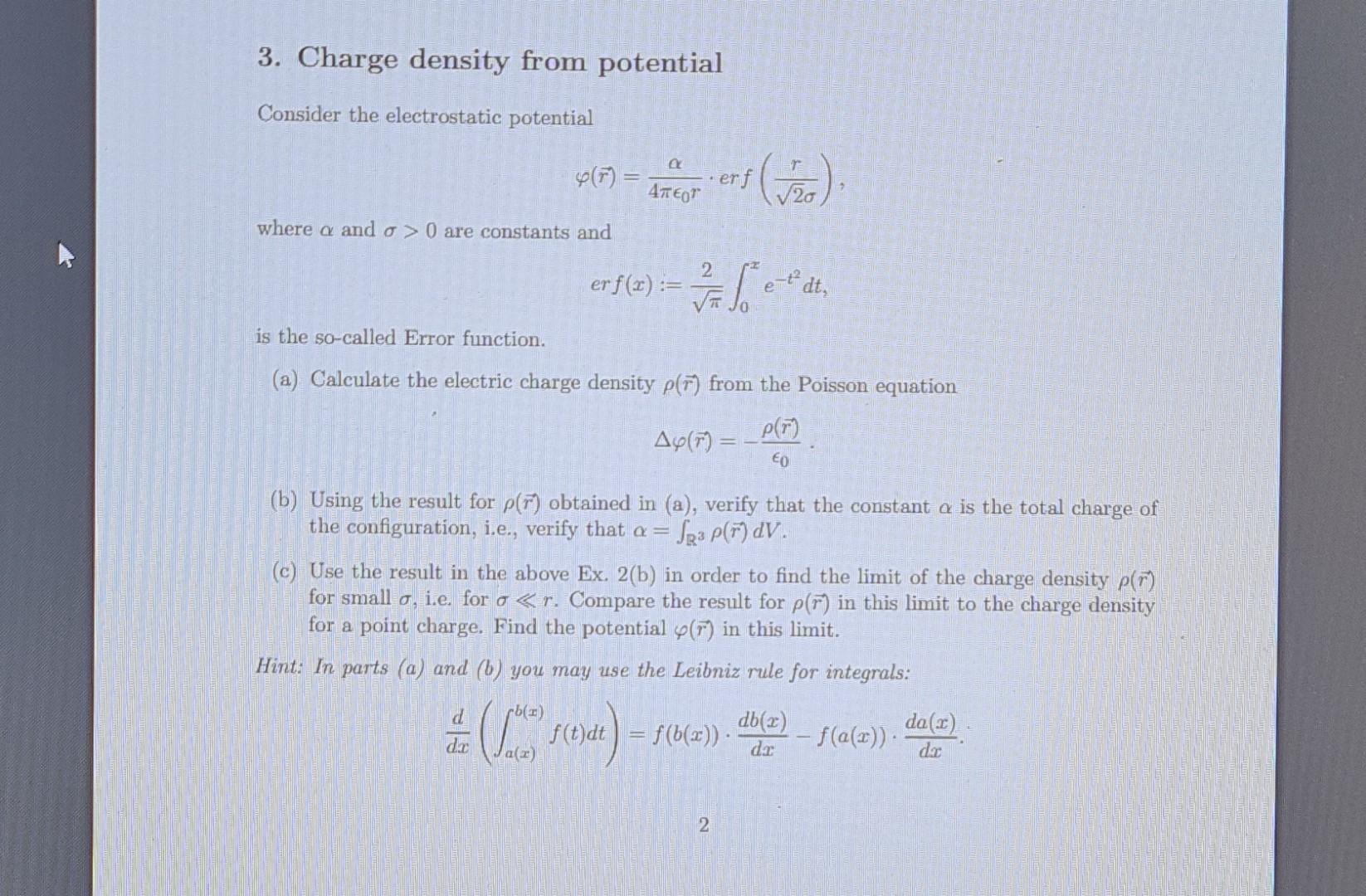 Solved 3. Charge density from potential Consider the | Chegg.com