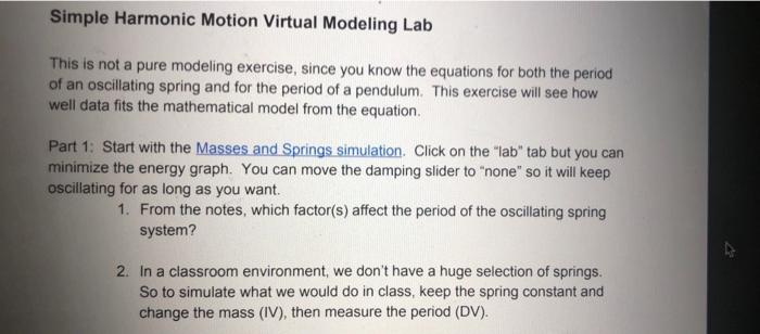 Solved Simple Harmonic Motion Virtual Modeling Lab This is | Chegg.com