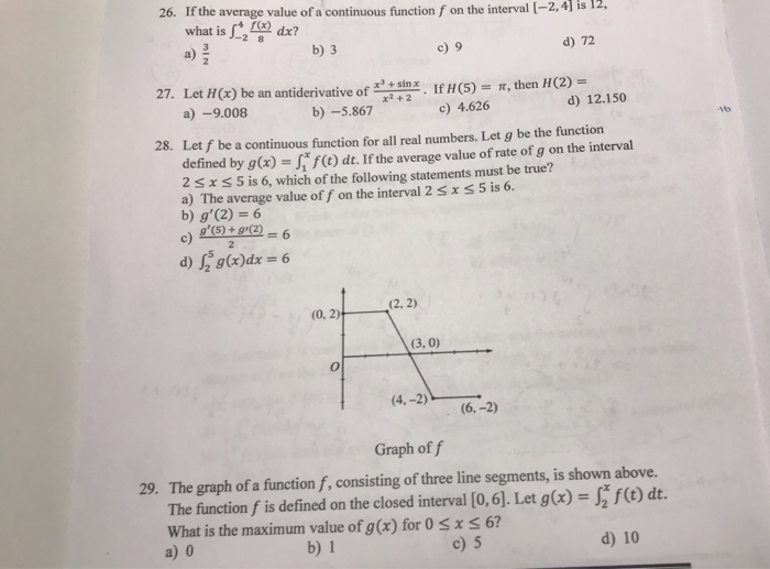 Solved 26. If the average value of a continuous function f | Chegg.com