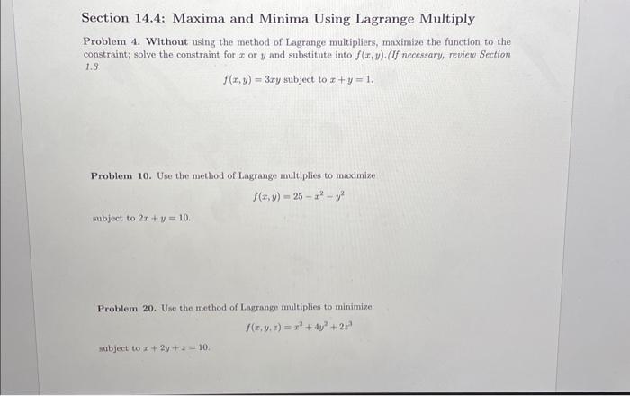 Solved Section 14.4: Maxima and Minima Using Lagrange | Chegg.com