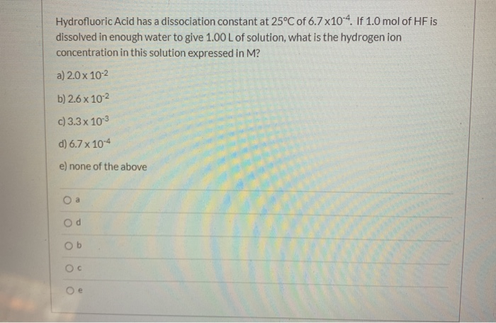 Solved Hydrofluoric Acid has a dissociation constant at 25°C | Chegg.com
