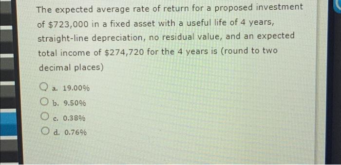 Solved The expected average rate of return for a proposed | Chegg.com