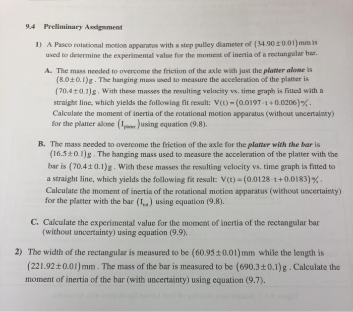 Solved 9.4 Preliminary Assignment 1) A Pasco rotational | Chegg.com
