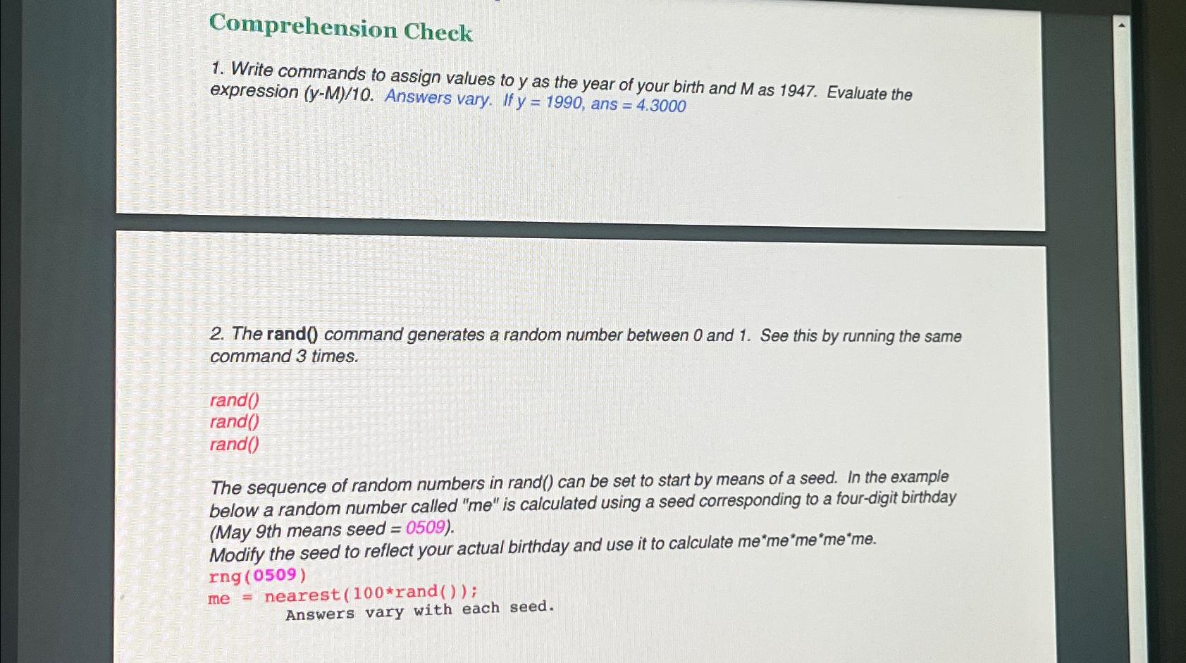 Solved Comprehension CheckWrite commands to assign values to | Chegg.com