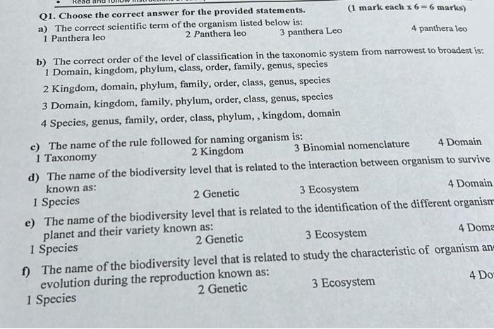 Solved Q1. Choose the correct answer for the provided | Chegg.com