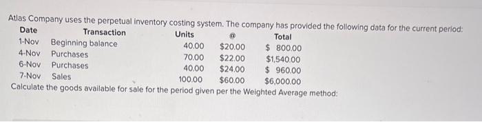 Solved Atlas Company uses the perpetual inventory costing | Chegg.com