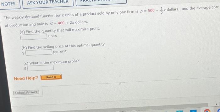 Solved The weekly demand function for x units of a product | Chegg.com