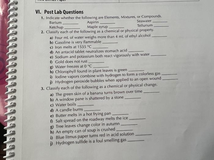 Solved VI. Post Lab Questions 1. Indicate whether the | Chegg.com