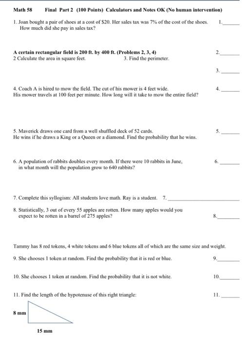 Solved Math 58 Final Part 2 (100 Points) Calculators and | Chegg.com