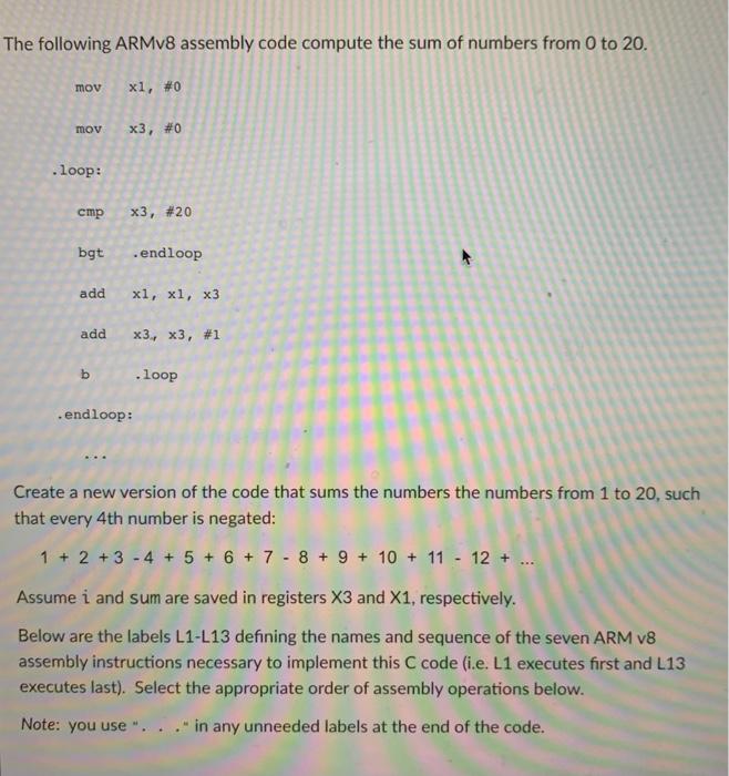 The following ARMv8 assembly code compute the sum of | Chegg.com