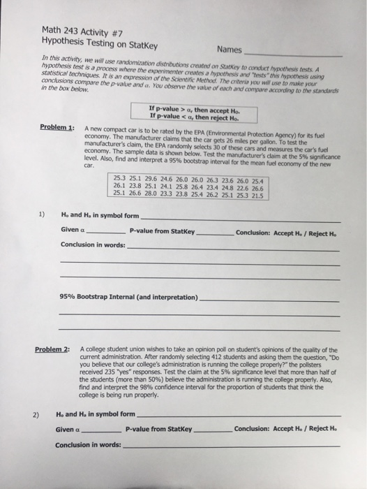 Solved Math 243 Activity 7 Hypothesis Testing On Statkey