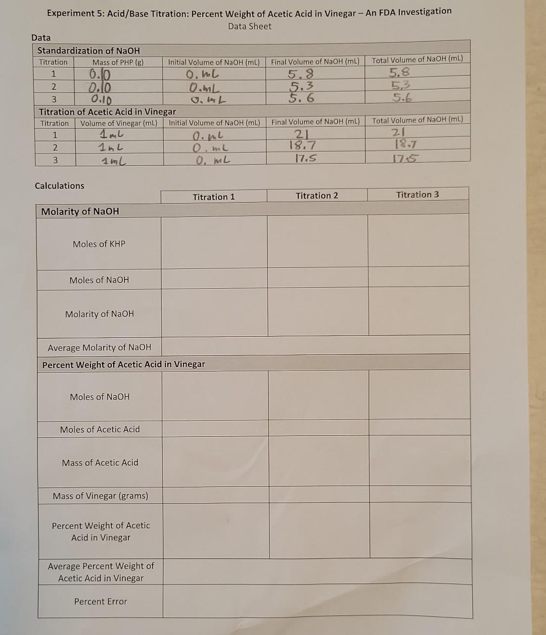 Solved Experiment 5: Acid/Base Titration: Percent Weight of | Chegg.com