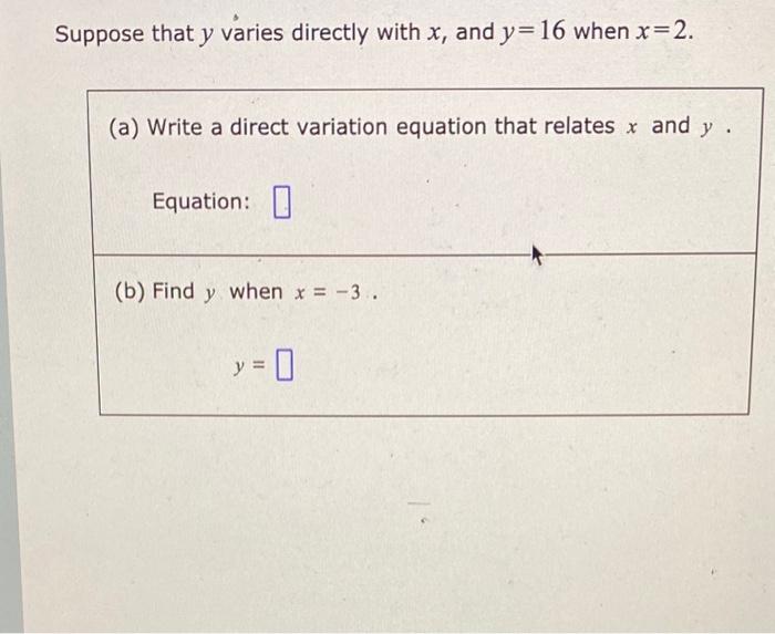 Solved Suppose that y varies directly with x, and y=16 when | Chegg.com