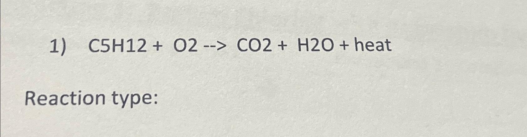 Solved C5H12+O2-→CO2+H2O+ ﻿heatReaction type: | Chegg.com
