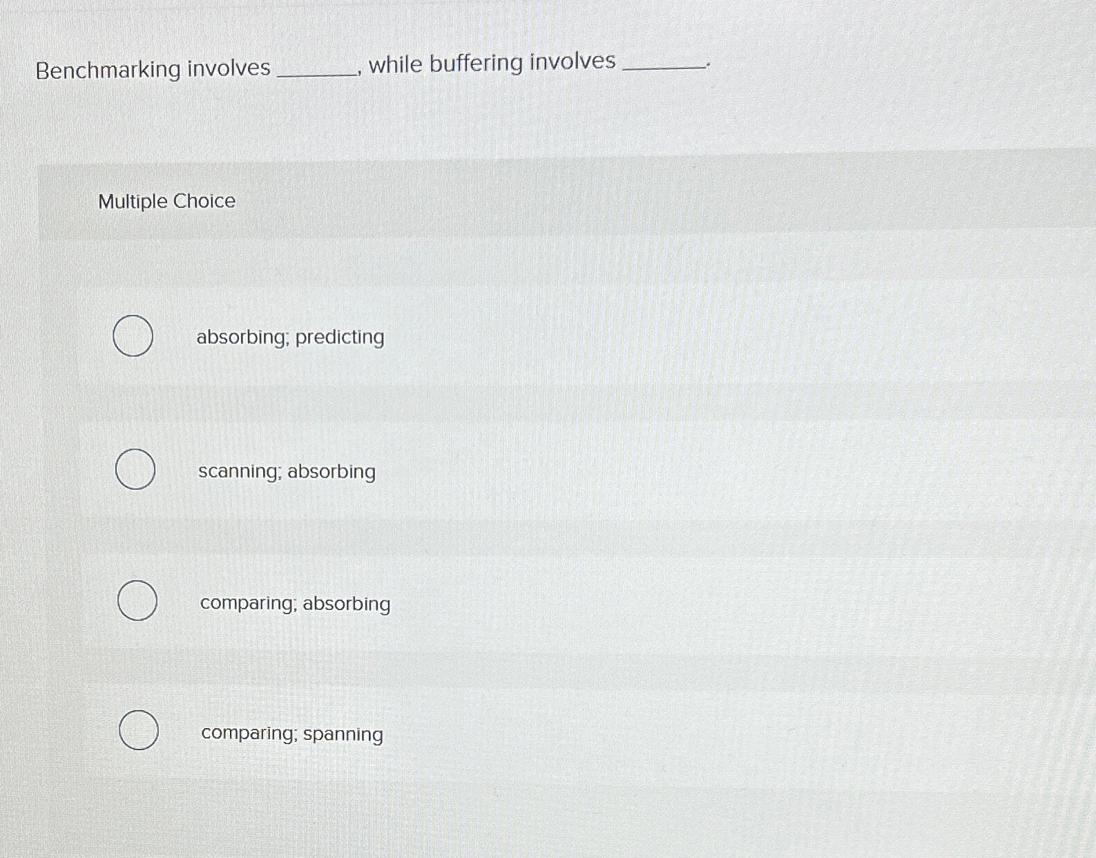 Solved Benchmarking involveswhile buffering involvesMultiple | Chegg.com