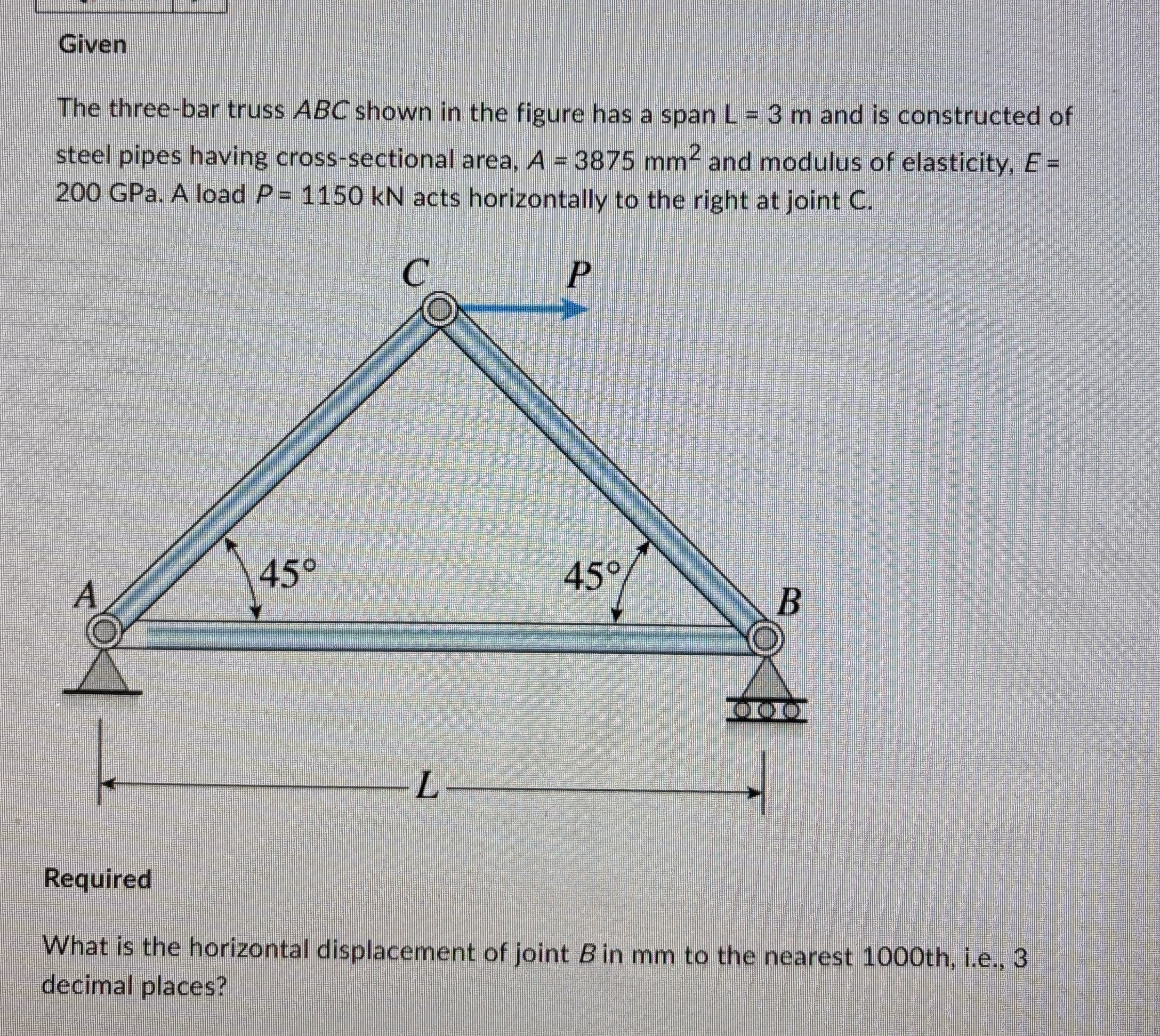 Solved The three-bar truss ABC shown in the figure has a | Chegg.com