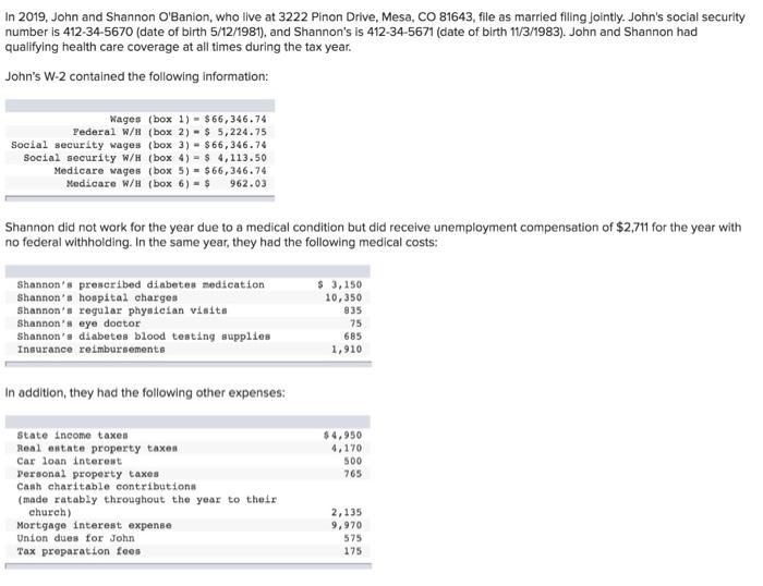 Solved In 2019, John and Shannon O'Banion, who live at 3222 | Chegg.com