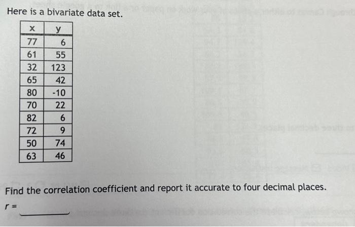 Solved Here is a bivariate data set. Find the correlation | Chegg.com