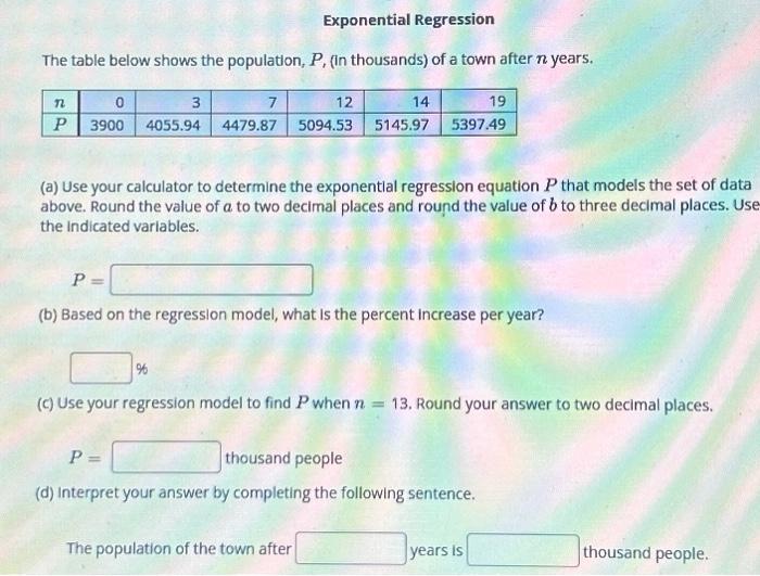 Exponential Regression The table below shows the | Chegg.com