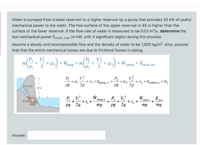 Solved Water is pumped from a lower reservoir to a higher | Chegg.com