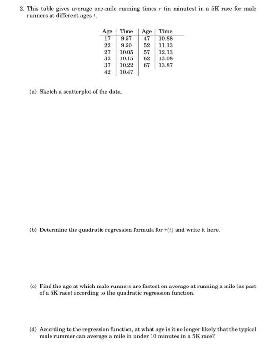 Solved 2. This table gives average one-mile running times r | Chegg.com