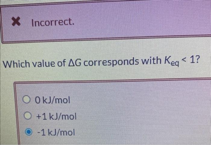 Solved Which value of ΔG corresponds with Keq