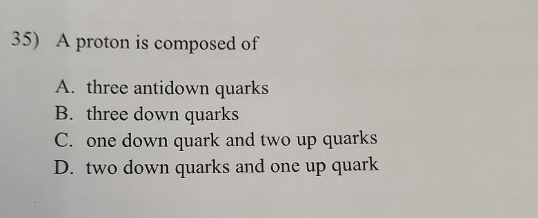 Solved A proton is composed ofA. ﻿three antidown quarksB. | Chegg.com