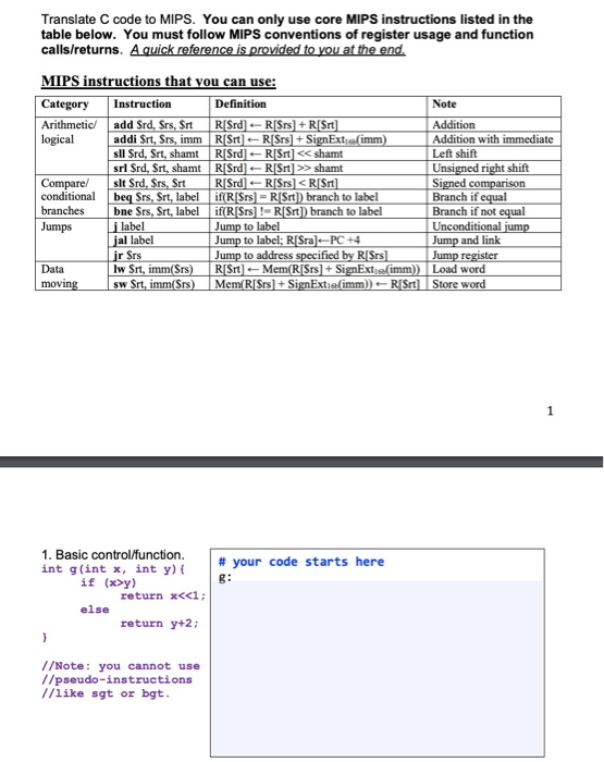 Solved Translate C Code To Mips You Can Only Use Core Mips