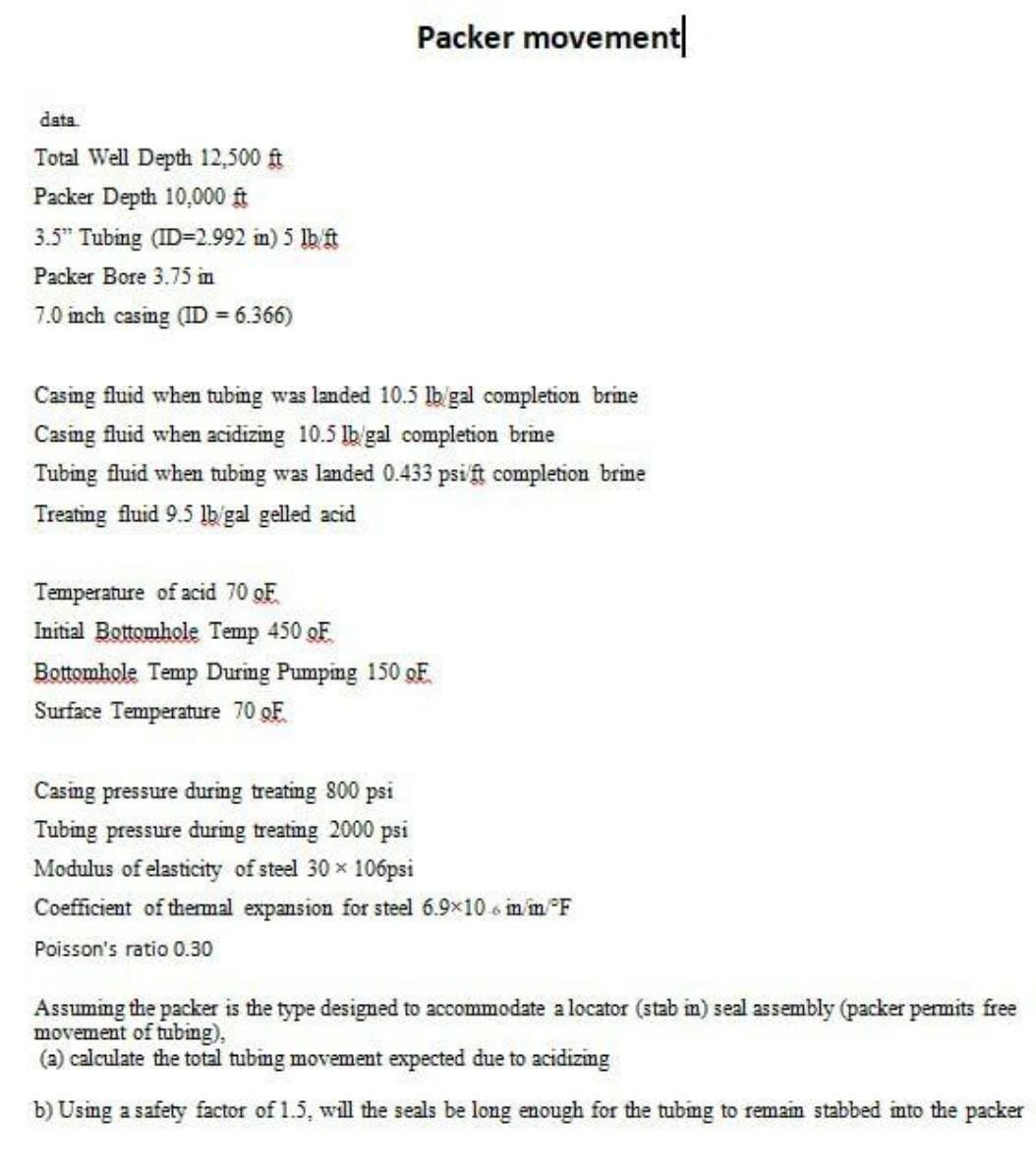 Packer movement data Total Well Depth 12,500 ft | Chegg.com