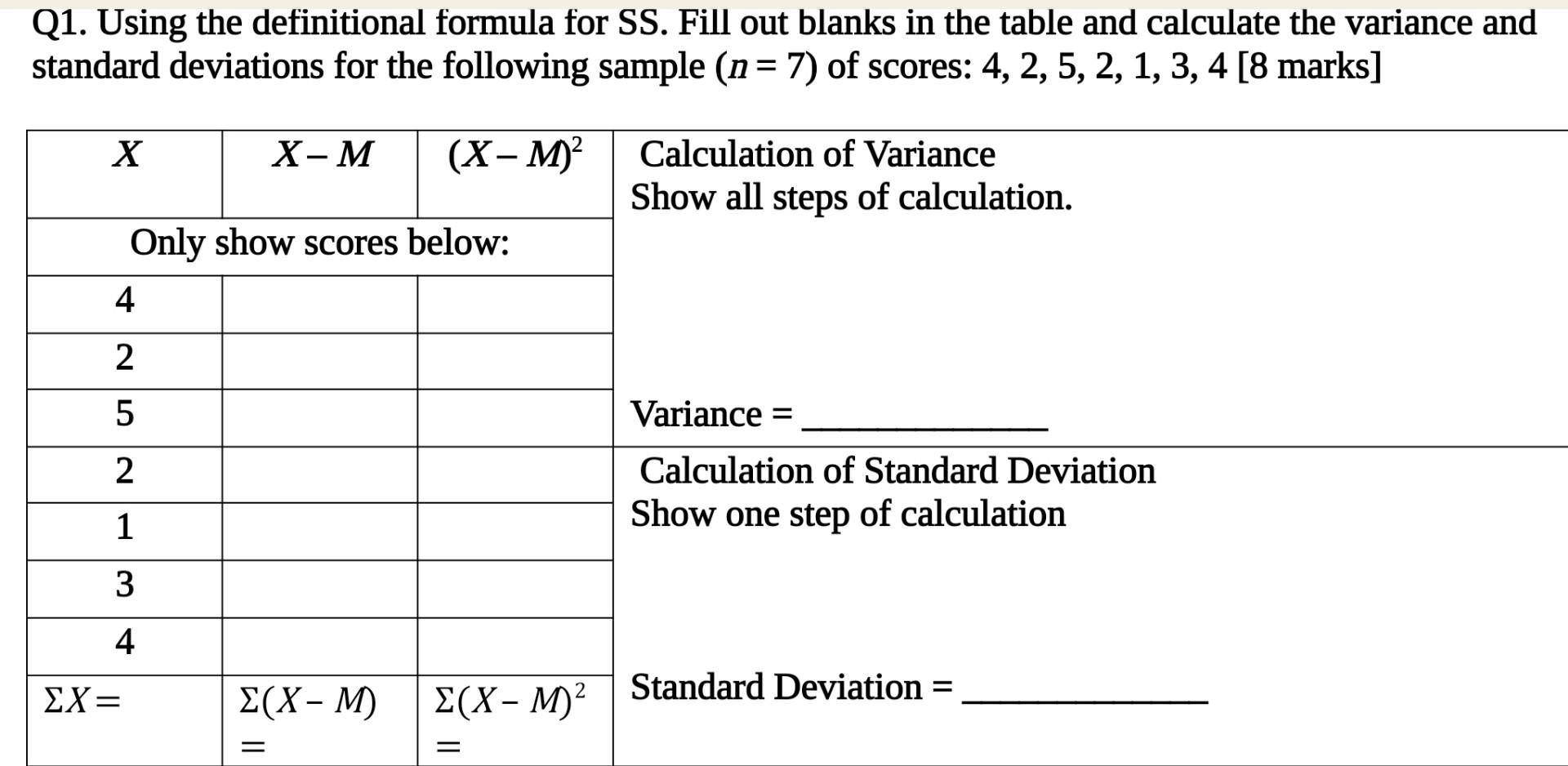 Solved Q1. Using the definitional formula for SS. Fill out | Chegg.com