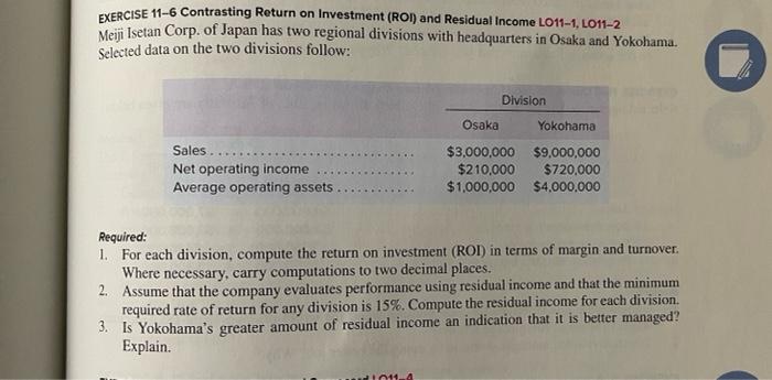 Solved EXERCISE 11-6 Contrasting Return on Investment (RON) | Chegg.com