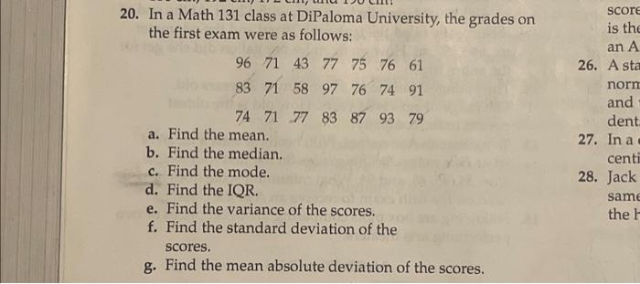 Solved 20. In a Math 131 class at DiPaloma University, the | Chegg.com